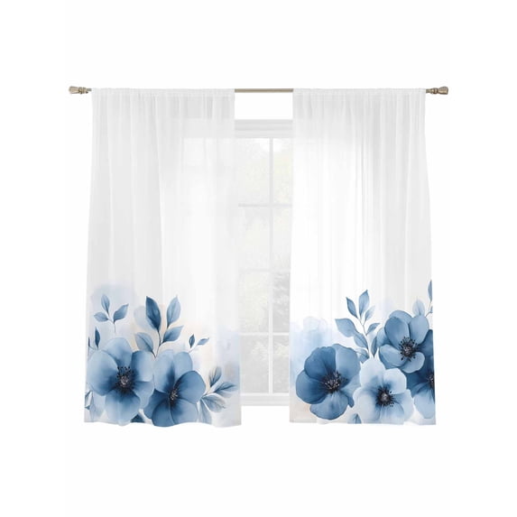 Blue Flowers Sheer Curtains 2 Panels Set Spring Floral Sheer Window ...