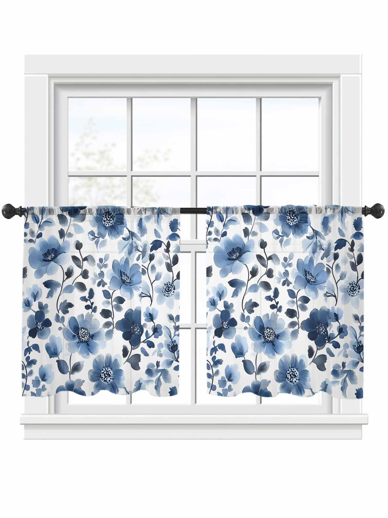 Blue Flowers Sheer Curtains 54 Inch Long 2 Panels, Retro Spring ...