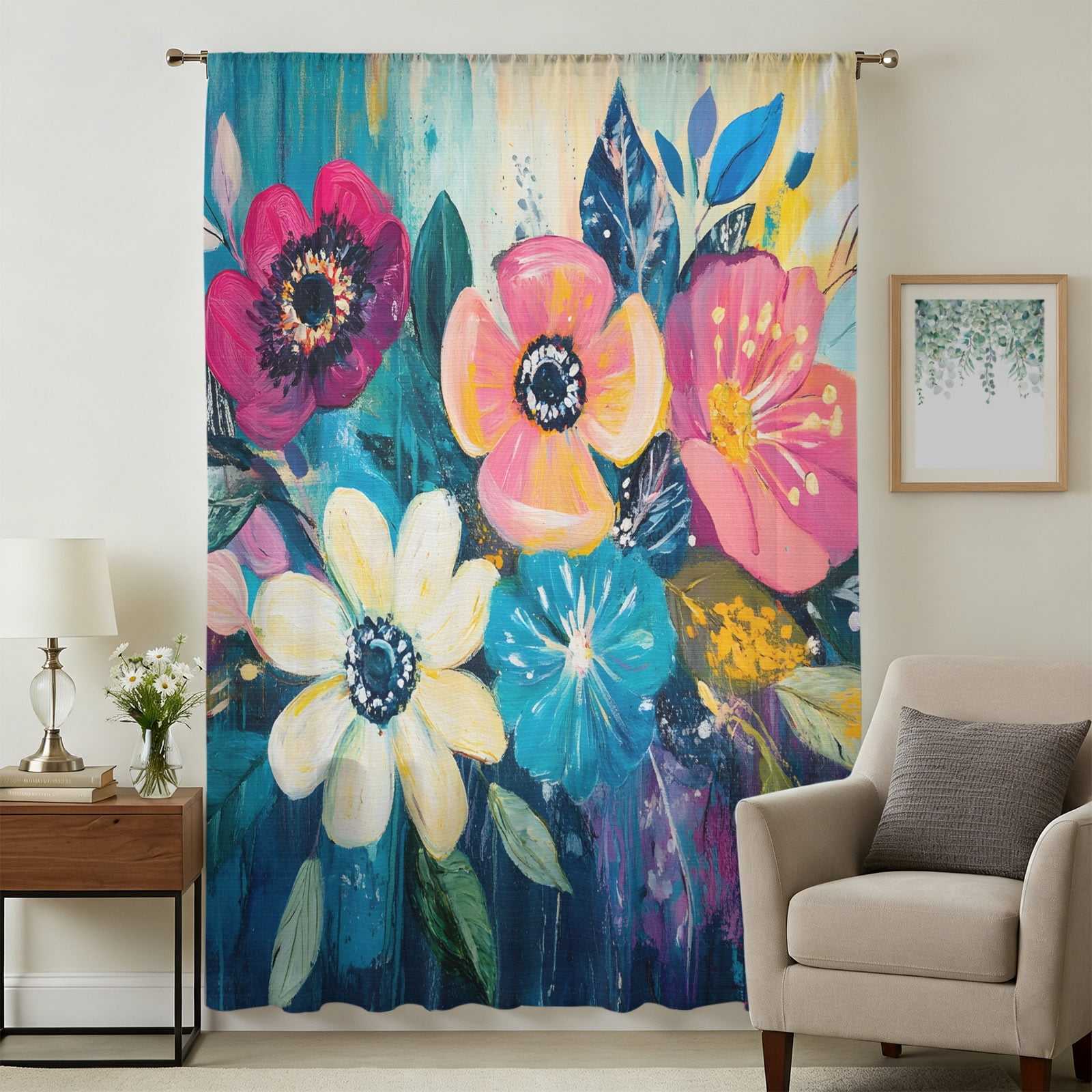 Blue Flowers Sheer Curtains 54 Inches Long for Bedroom, Spring Floral ...