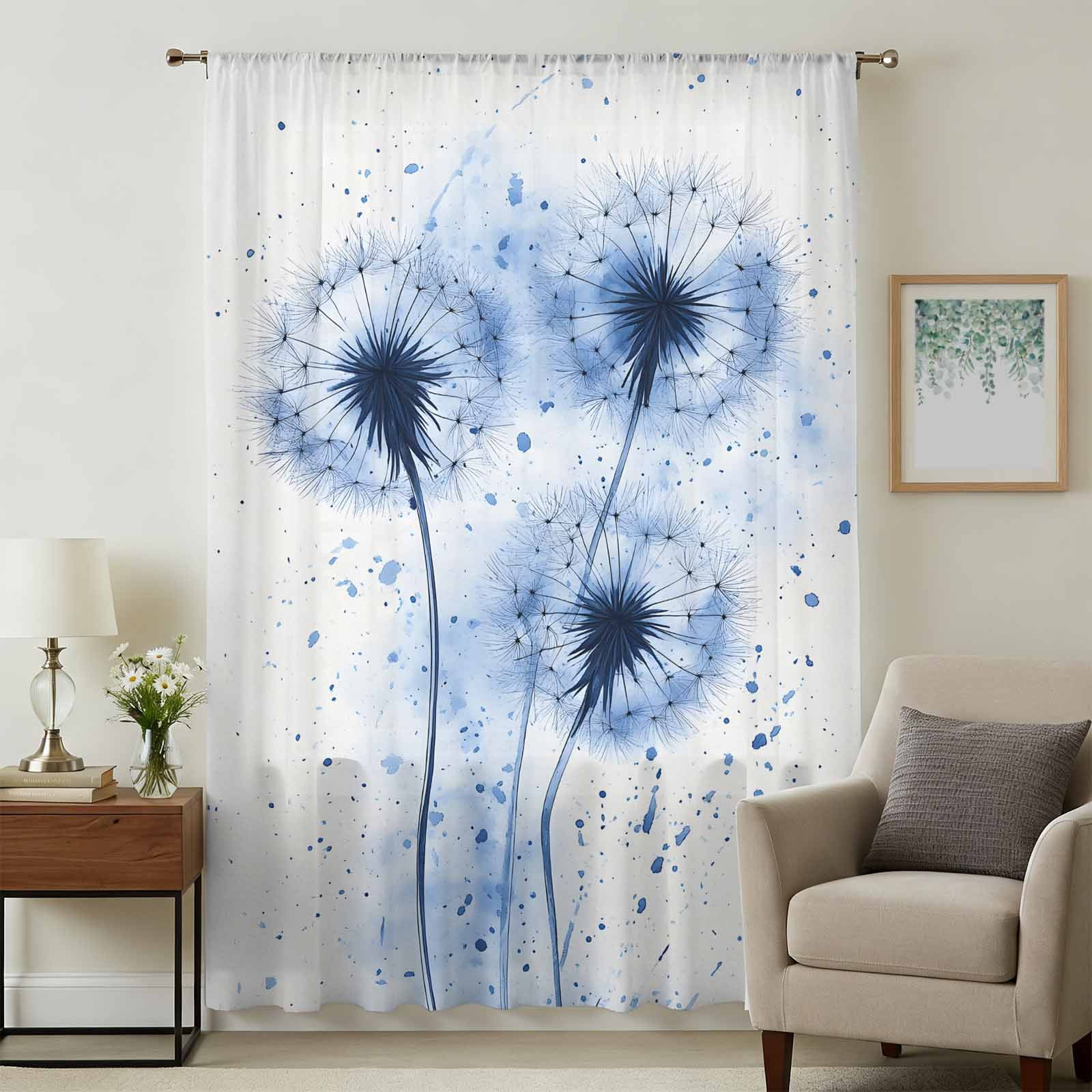 Blue Flowers Sheer Curtains 54 Inches Long, Watercolor Minimalism ...