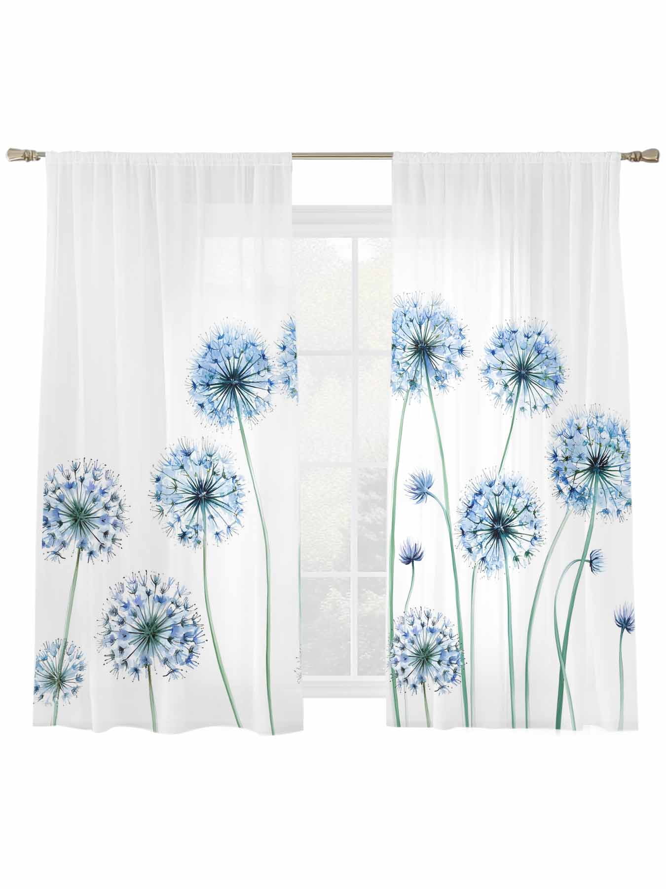 Blue Flowers Sheer Curtains 63 Inch Length 2 Panels Set, Semi Transparent Voile Rod Pocket ...