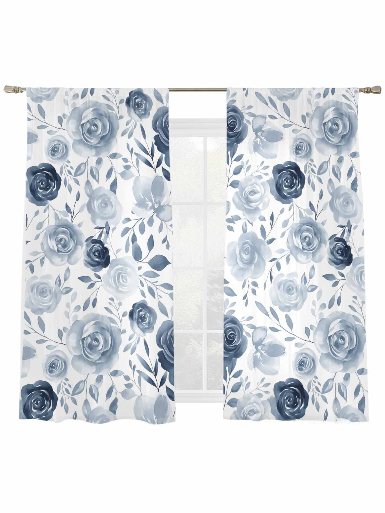 Blue Flowers Sheer Curtains 63 Inch Length 2 Panels Set, Semi Transparent Voile Rod Pocket ...