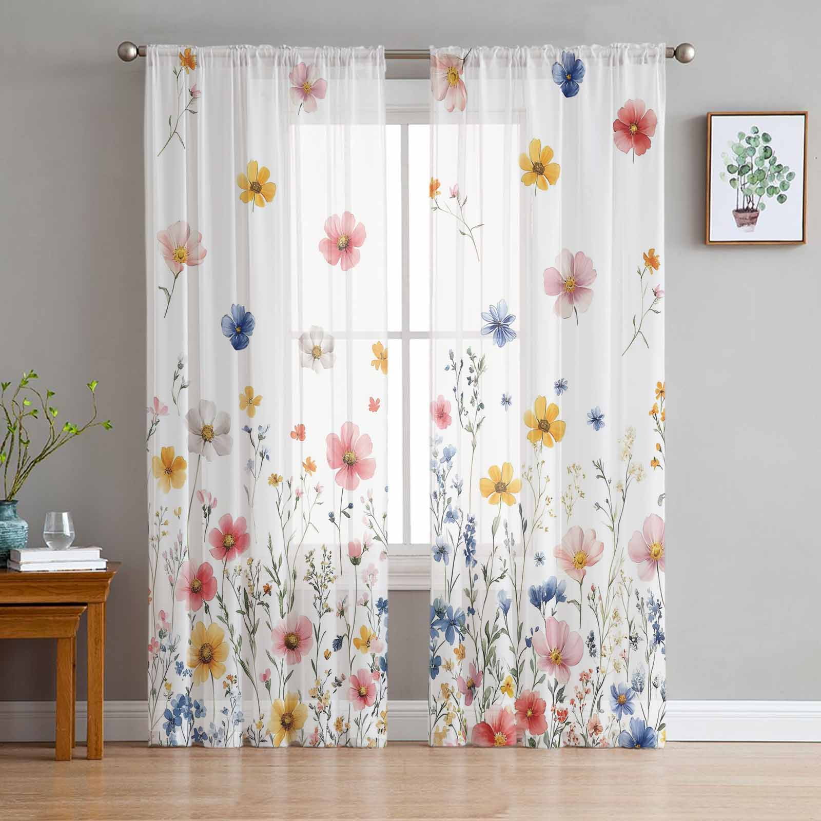 Blue Flowers Sheer Curtains 63 Inches Length 2 Panels Set, Window Sheer ...