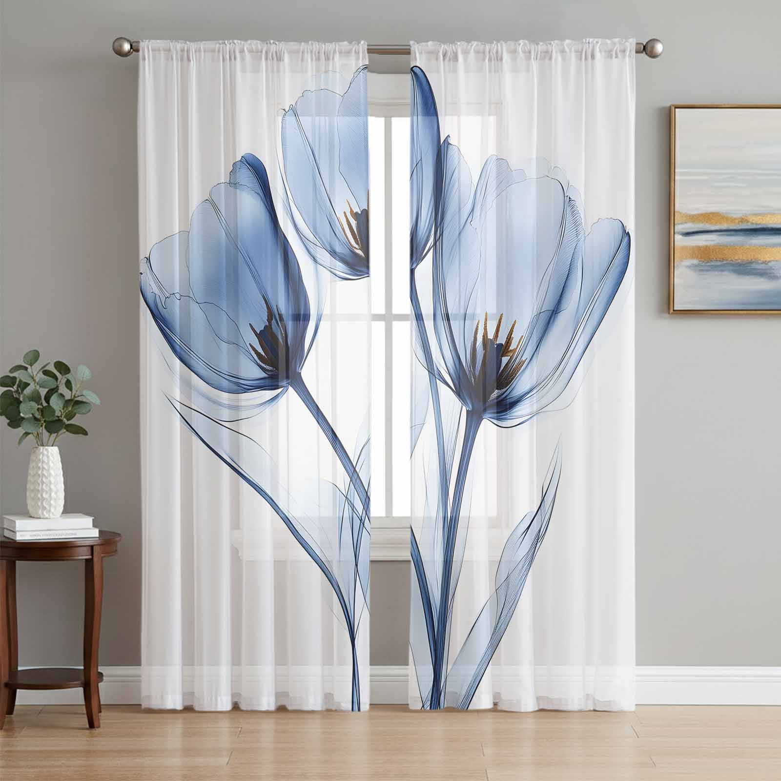 Blue Flowers Sheer Curtains 72 Inch Length 2 Panels Set, Simple ...
