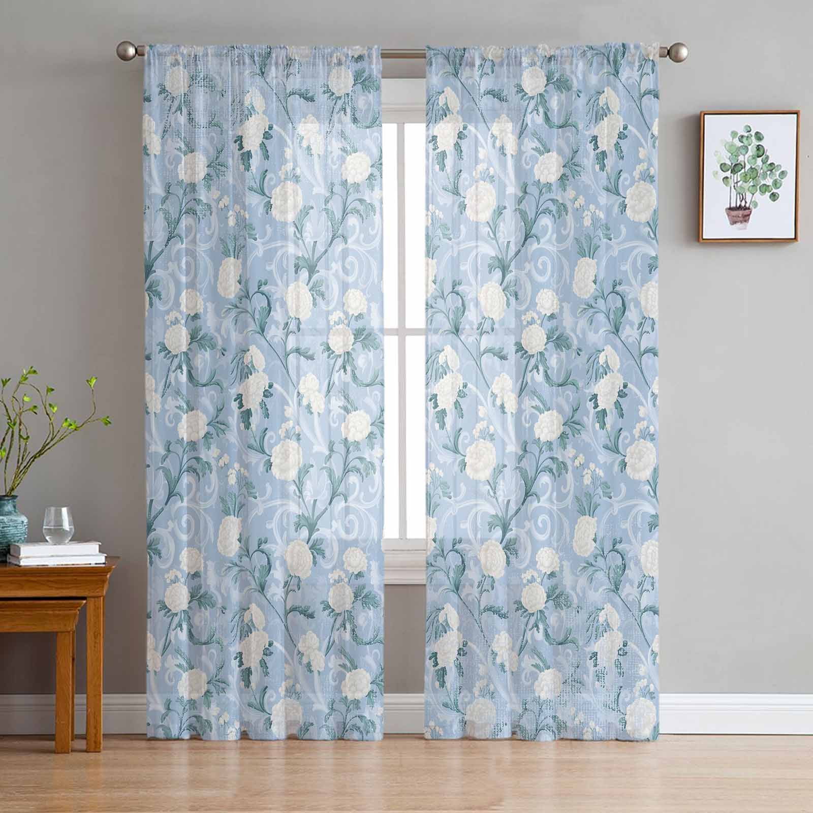 Blue Flowers Sheer Curtains 72 Inches Long 2 Panels Set, Window Sheer ...