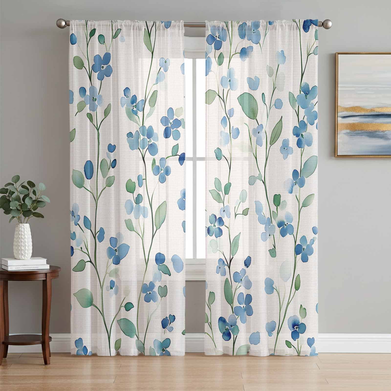 Blue Flowers Sheer Curtains 84 Inch Length 2 Panels Set, Spring Blooms ...