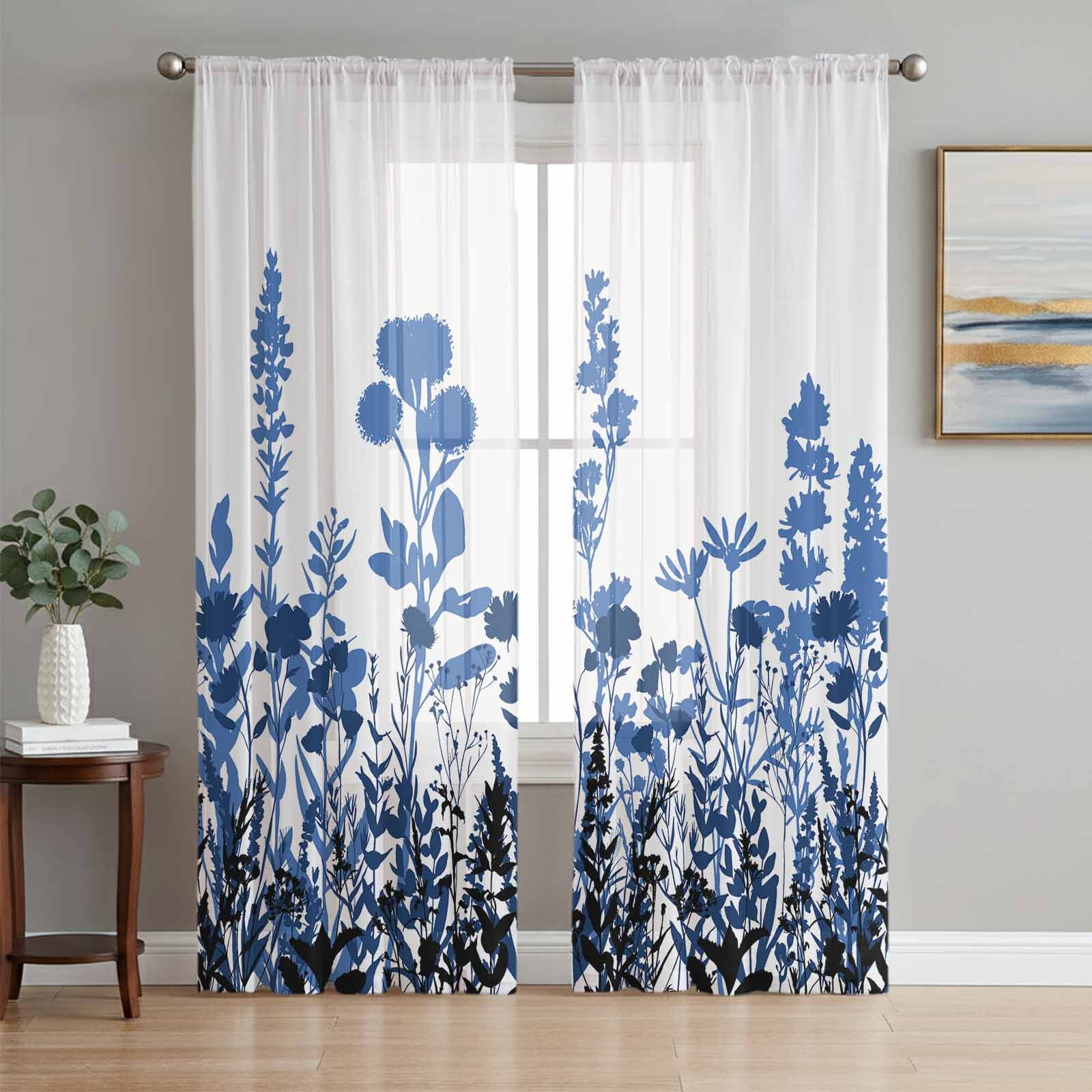 Blue Flowers Sheer Curtains 96 Inch Length 2 Panels Set, Simple Spring ...