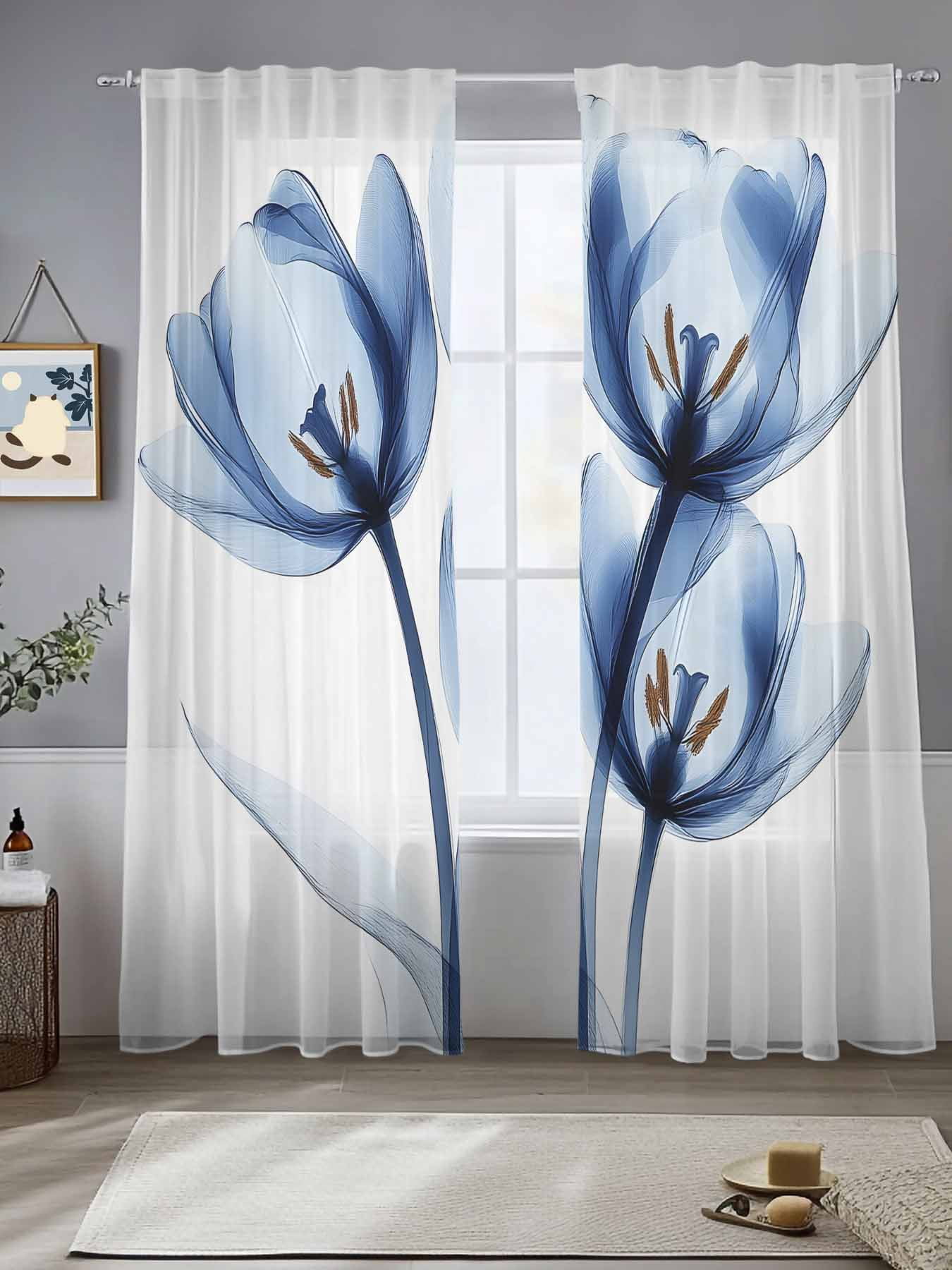 Blue Flowers Sheer Curtains for Living Room Bedroom Botanical Ombre ...