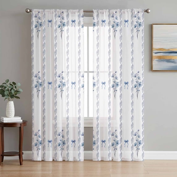 Blue Flowers Sheer Curtains for Living Room Bedroom, Bow Watercolor ...