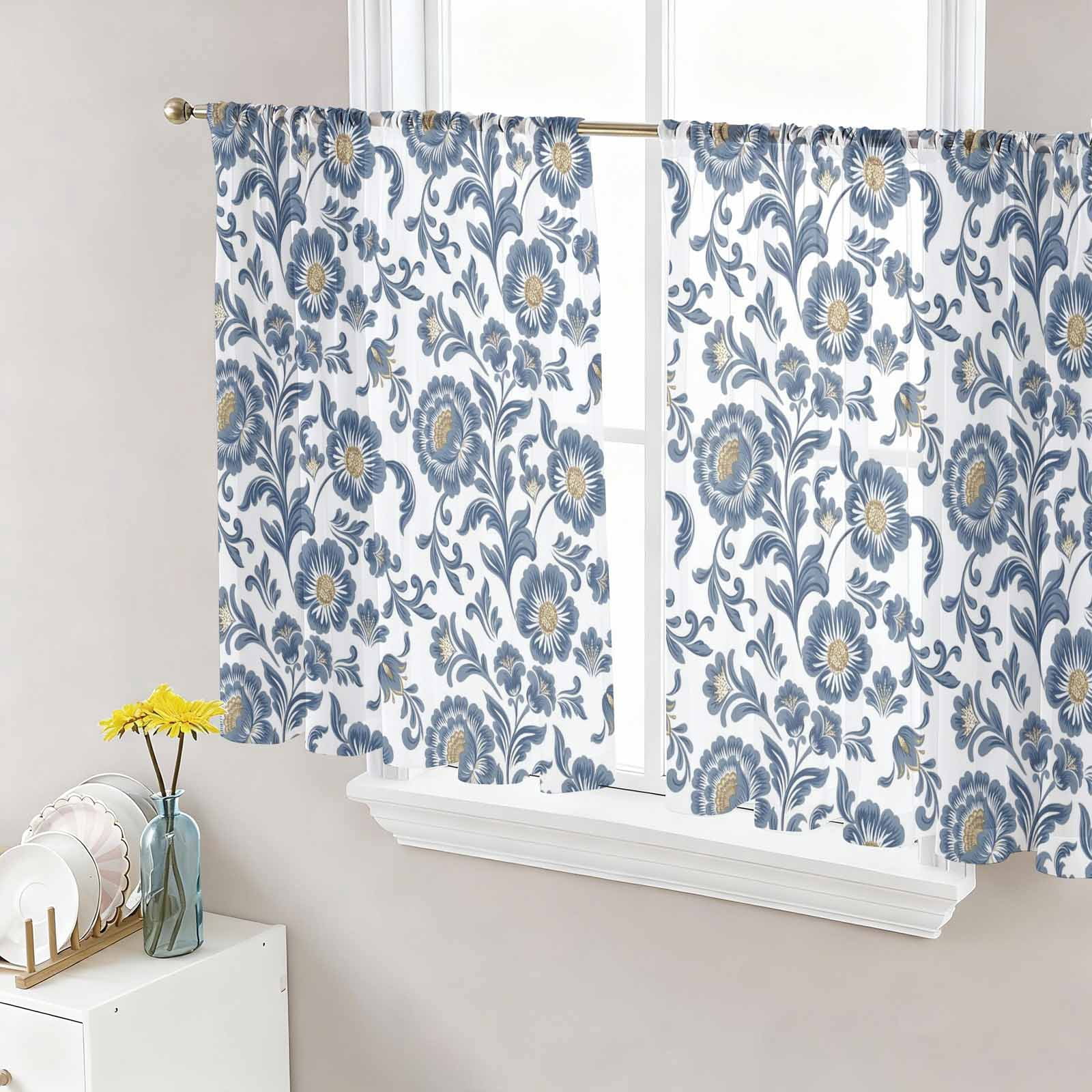 Blue Flowers Sheer Curtains for Living Room Bedroom Farmhouse Botanical ...