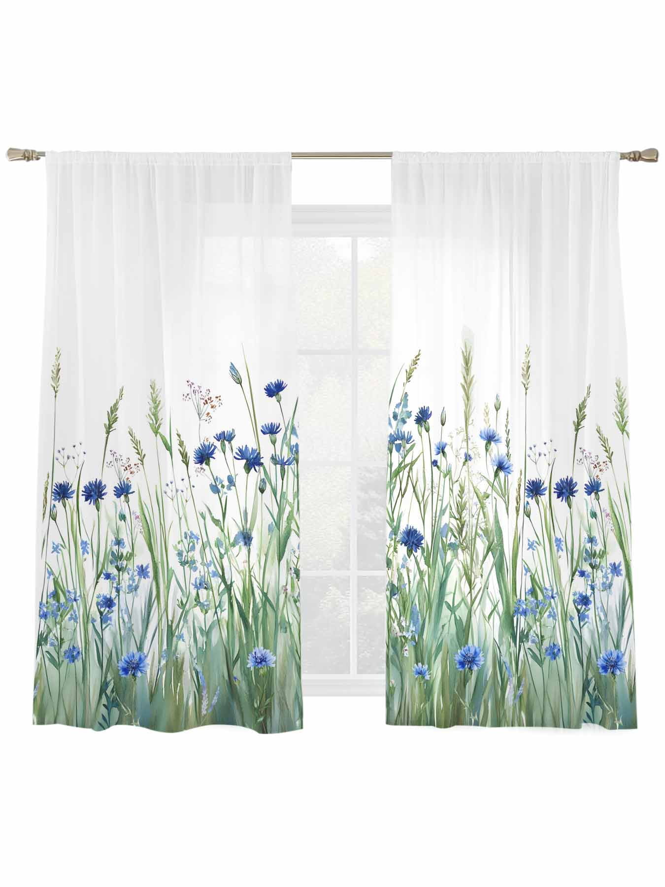 Blue Flowers Sheer Curtains for Living Room Bedroom, Green Leaves Grass ...