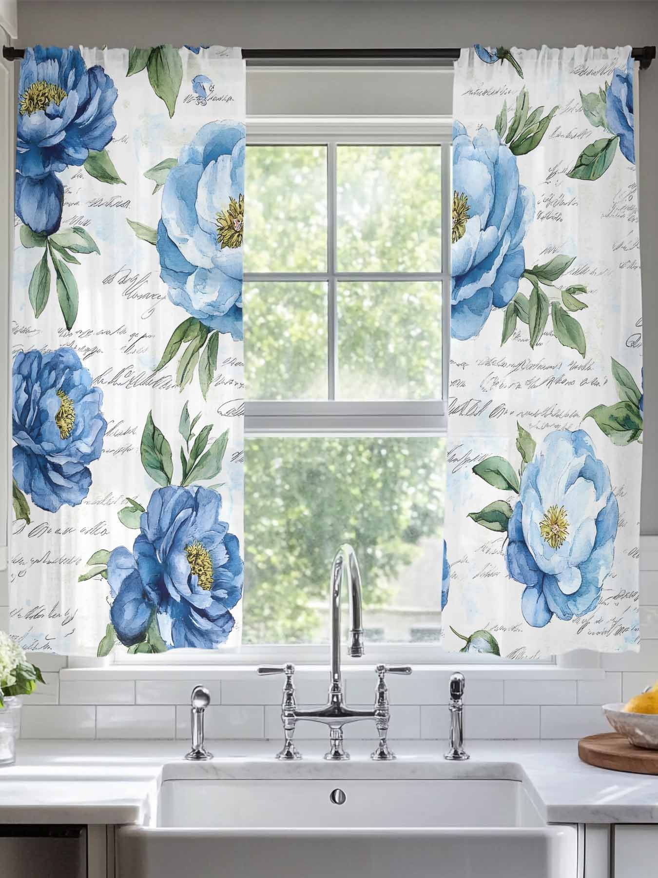 Blue Flowers Sheer Curtains for Living Room Bedroom Simple Farmhouse ...