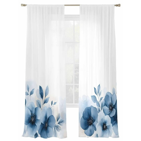 Blue Flowers Sheer Curtains for Living Room Bedroom, Spring Floral ...