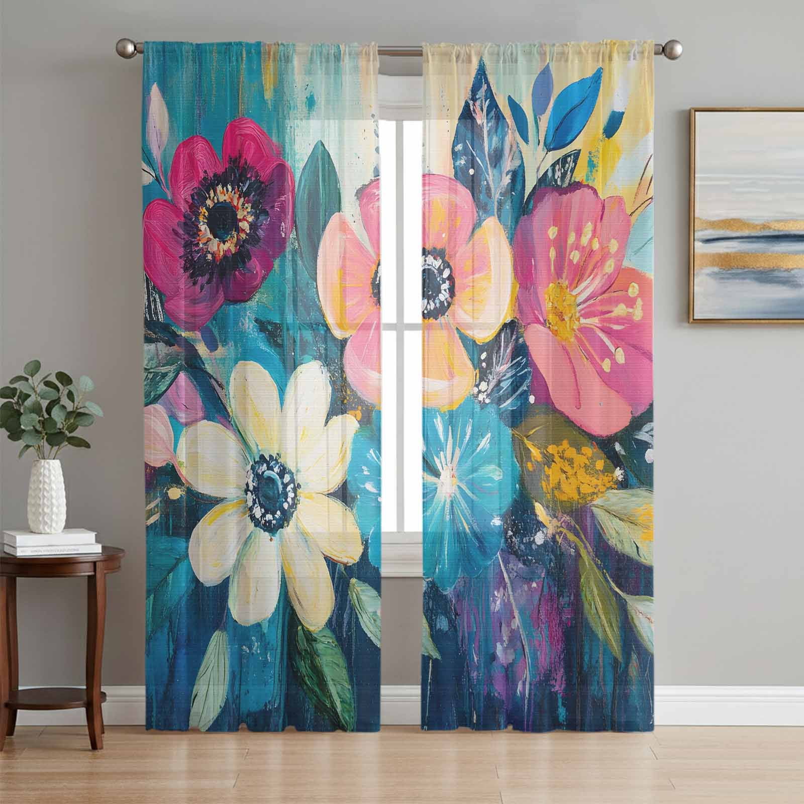 Blue Flowers Sheer Curtains for Living Room Bedroom Spring Floral ...