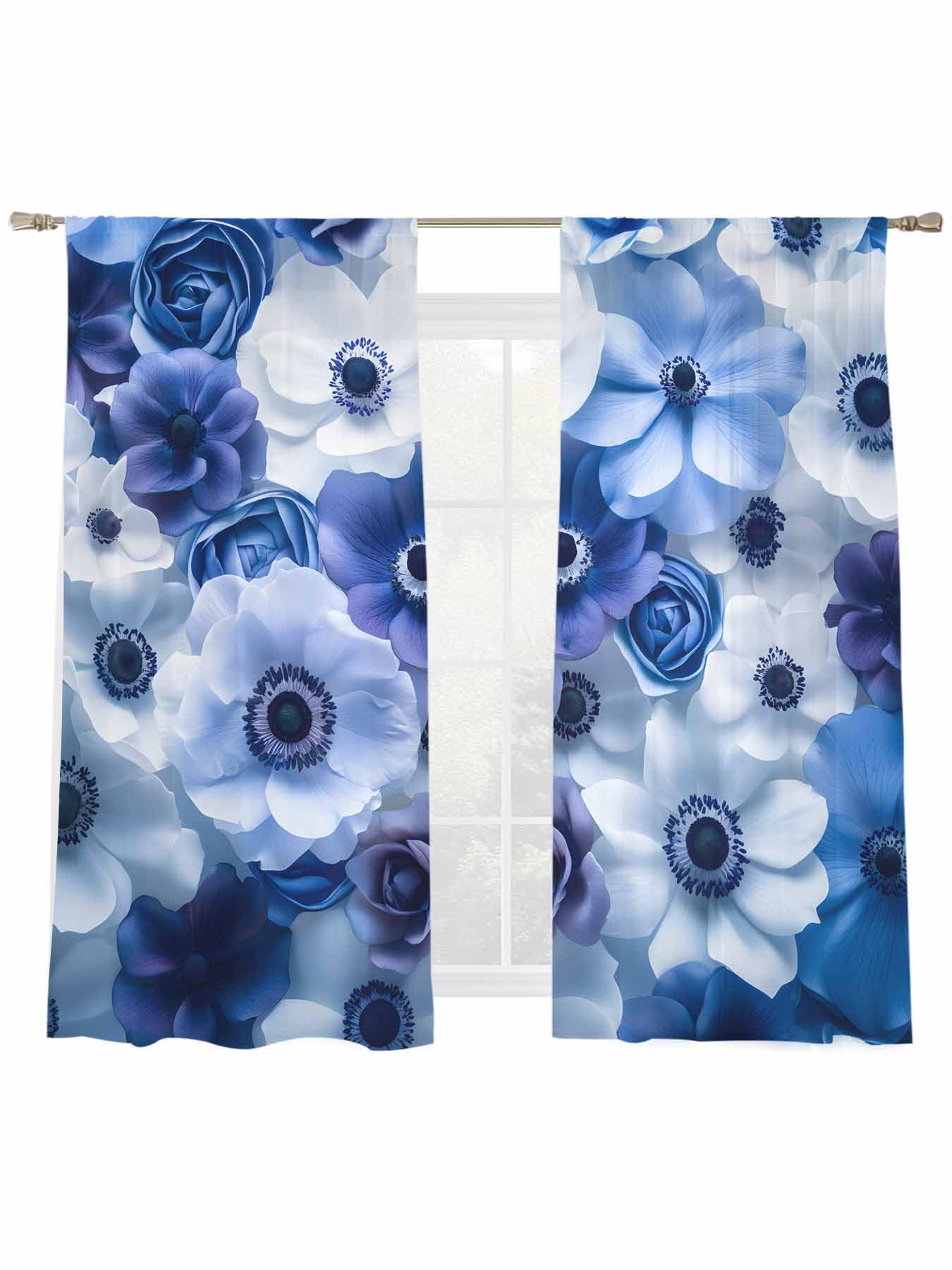 Blue Flowers Sheer Curtains for Living Room Bedroom, Spring White ...