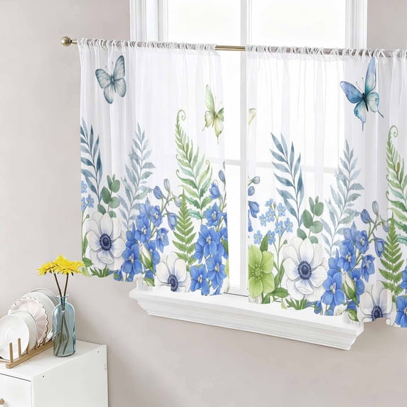 Blue Flowers Sheer Curtains for Living Room Bedroom, White Floral ...