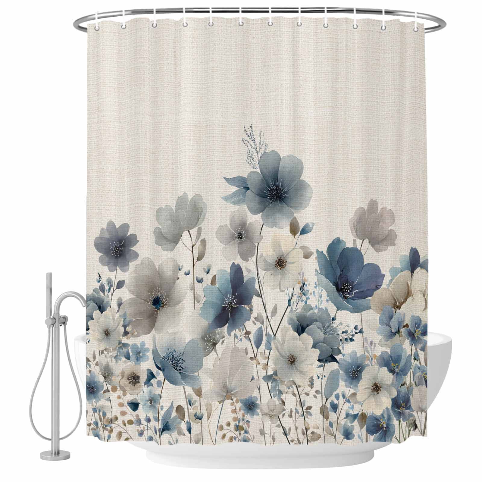 Blue Flowers Shower Curtain for Bathroom, Country Watercolor Blue Grey ...