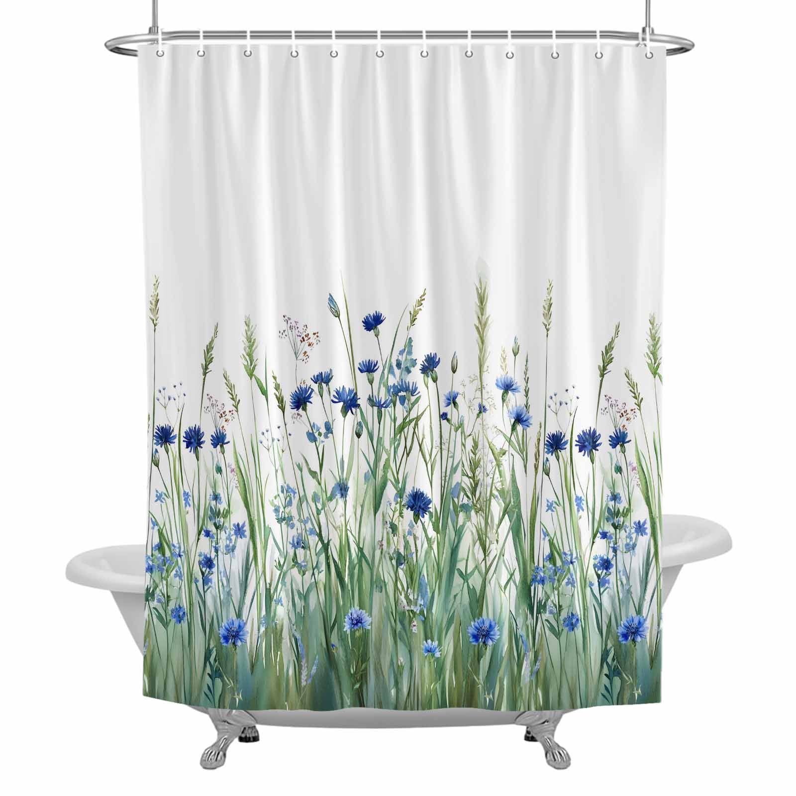 Blue Flowers Shower Curtain for Bathroom, Green Leaves Grass Spring ...