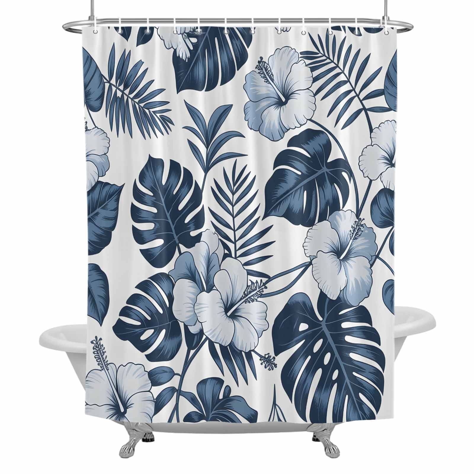 Blue Flowers Shower Curtain for Bathroom, Tropical Plant Leaf Palm ...