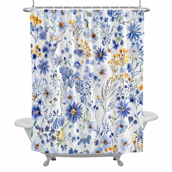 Blue Flowers Shower Curtain for Bathroom, Watercolor Daisy Floral ...