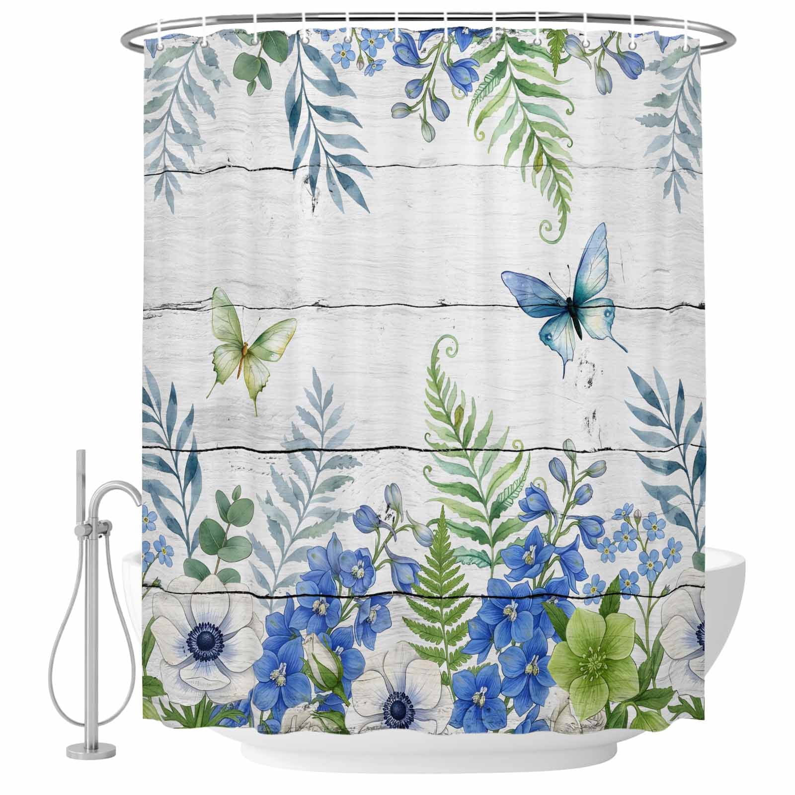 Blue Flowers Shower Curtain Set with Hooks, White Floral Butterflies ...