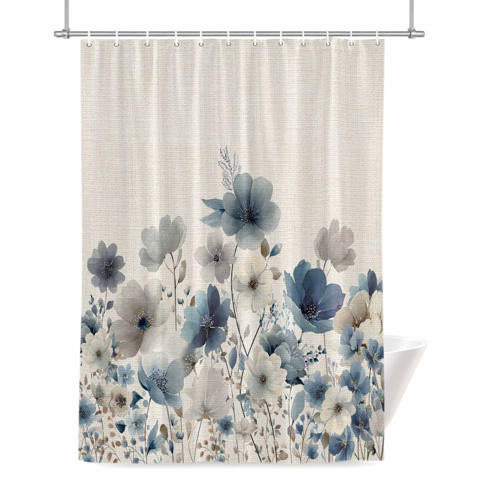 Blue Flowers Shower Curtains for Bathroom, Country Watercolor Blue Grey ...