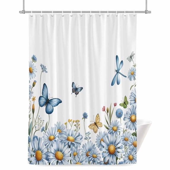 Blue Flowers Shower Curtains for Bathroom, Daisy Butterflies Dragonfly ...