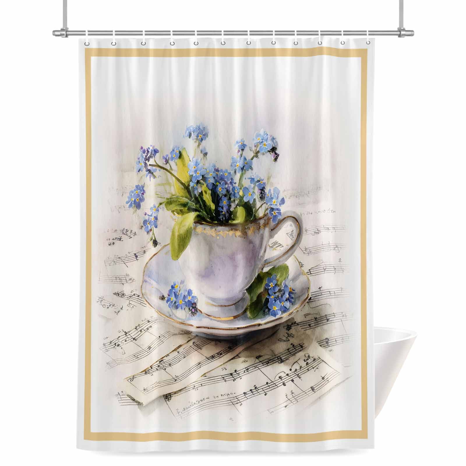 Blue Flowers Shower Curtains for Bathroom, Tea Cups Spring Plant ...