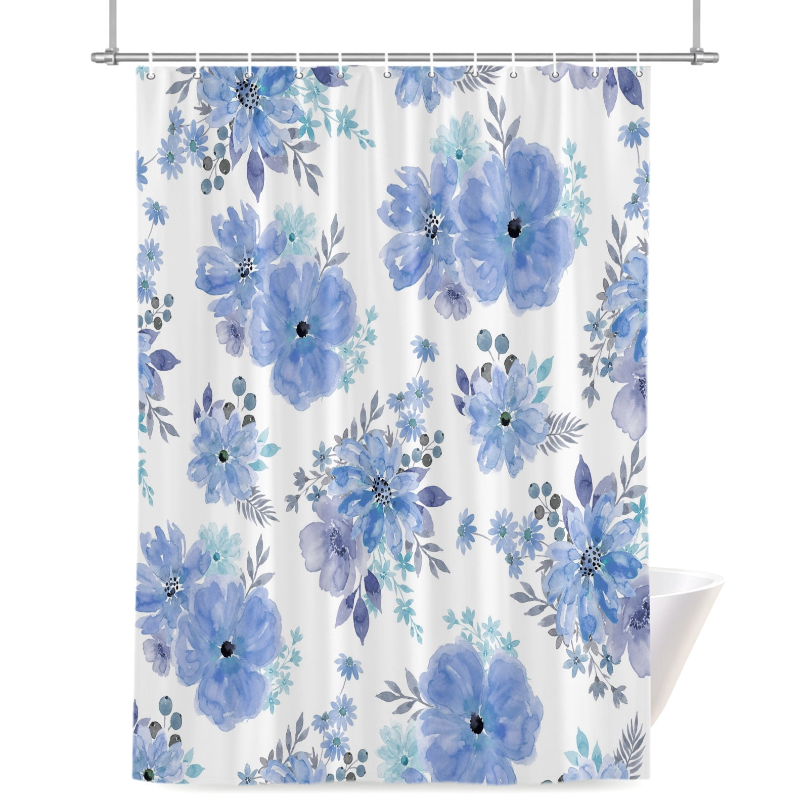 Blue Flowers Shower Curtains for Bathroom, Watercolors Spring Floral ...