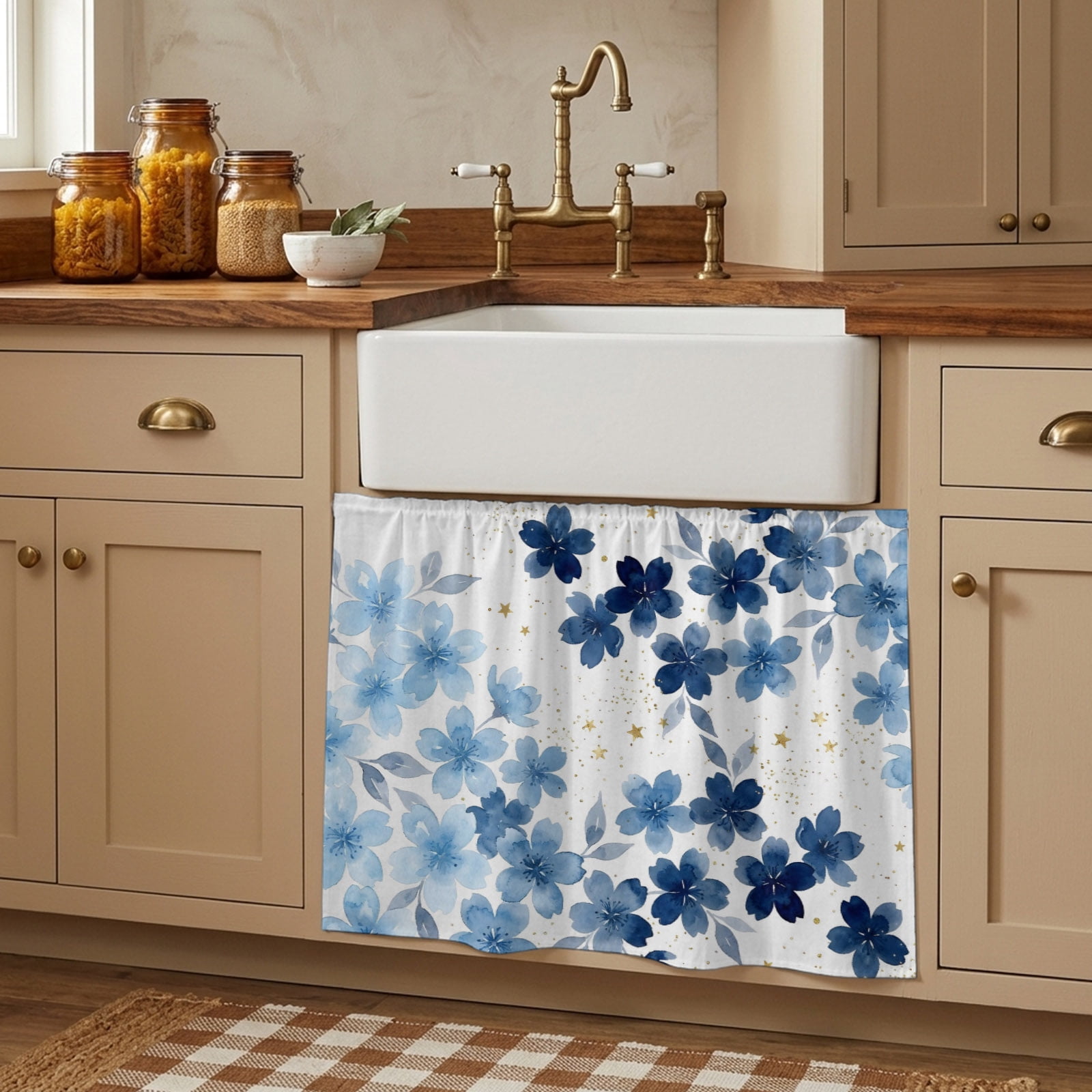 Blue Flowers Small Cabinet Curtains 11"W x 13"L, Watercolor Botanical ...