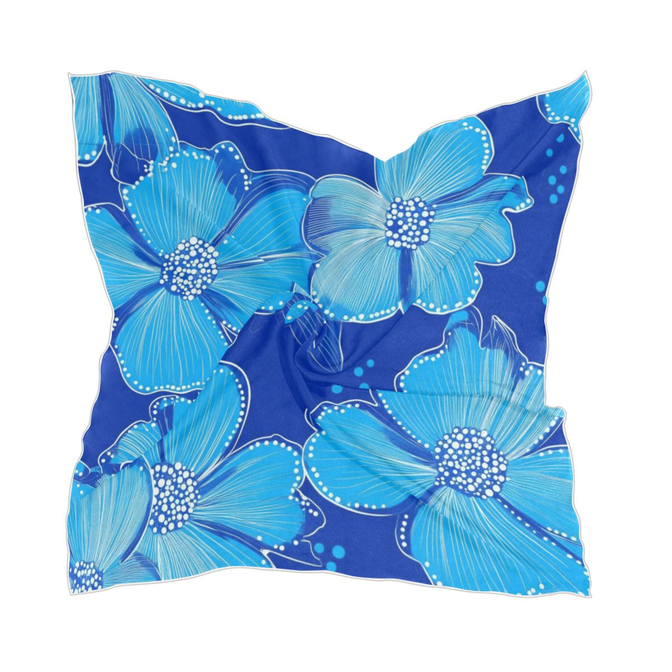 Blue Flowers Small Dot Design Women's Fashion Soft Scarf Square Satin ...