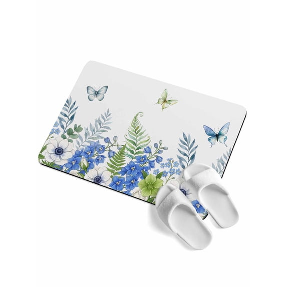 Blue Flowers Soft Diatomaceous Earth Mat, White Floral Butterflies ...