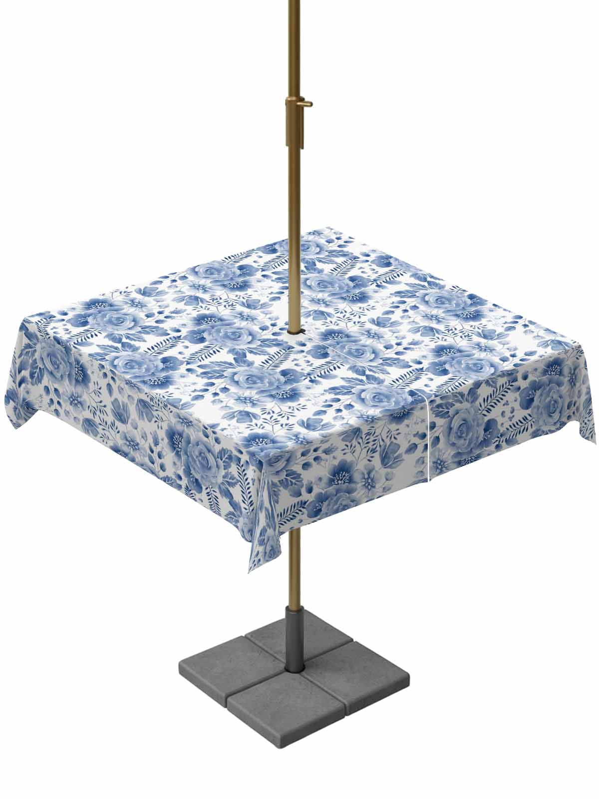 Blue Flowers Square Outdoor Tablecloth with Umbrella Hole Watercolors ...