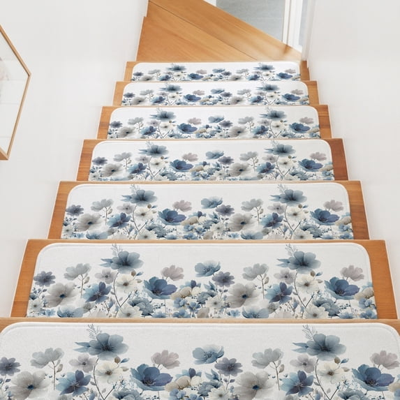 Blue Flowers Stair Treads Non Slip for Steps Country Watercolor Blue ...