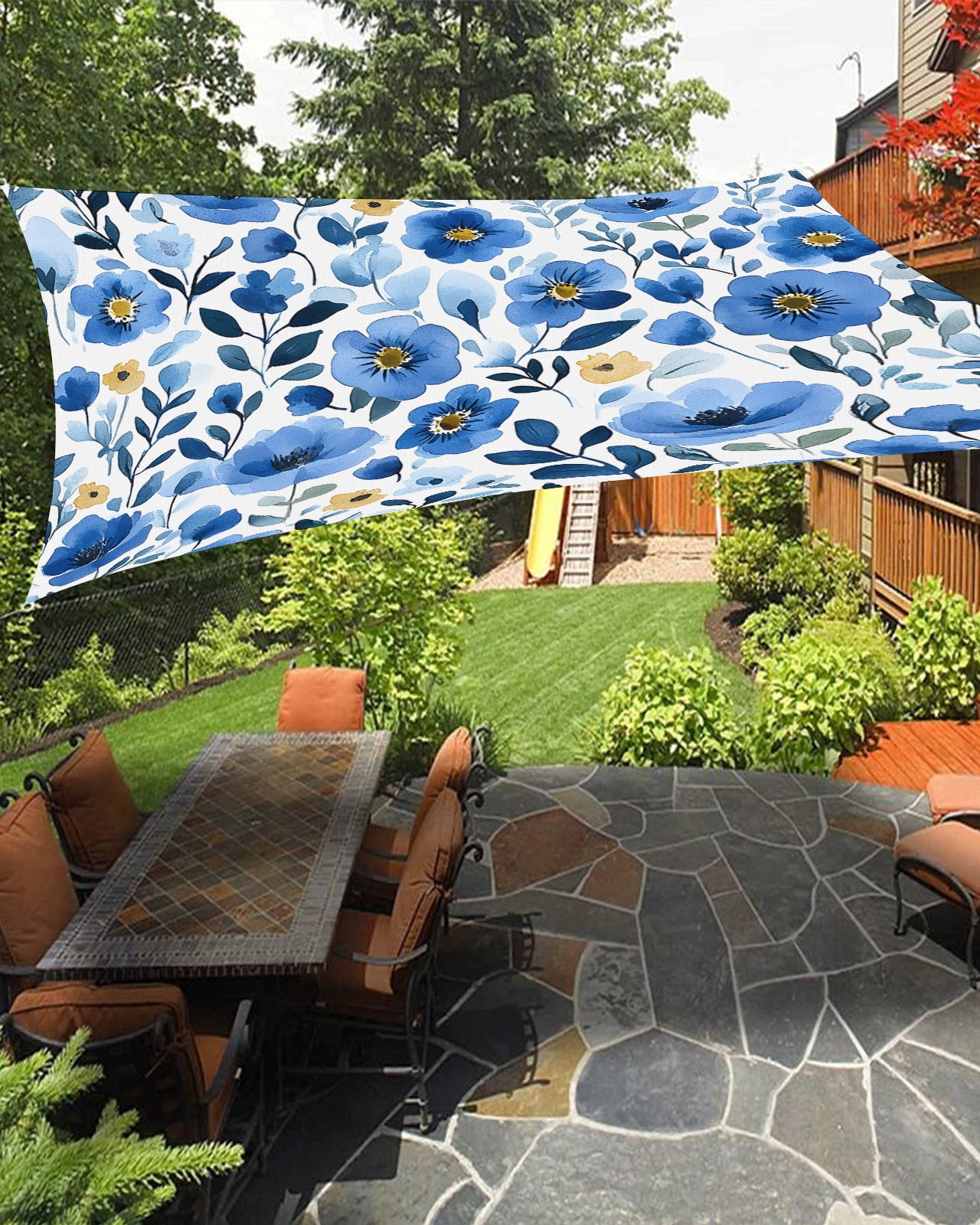 Blue Flowers Sun Shade Sail 14'X18' Summer Watercolor UV Block Outdoor ...