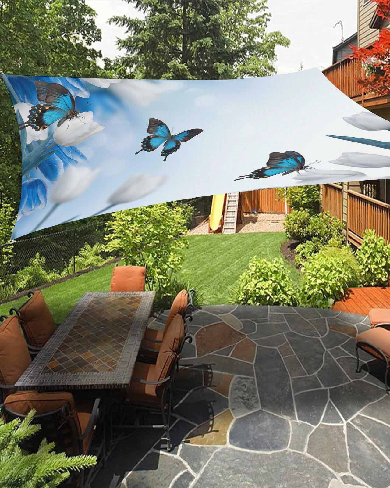 Blue Flowers Sun Shade Sail 6.5'X10' White Flowers Butterflies Modern ...