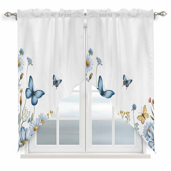 Blue Flowers Swag Curtain Valance for Window 2 Panels Daisy Butterflies ...