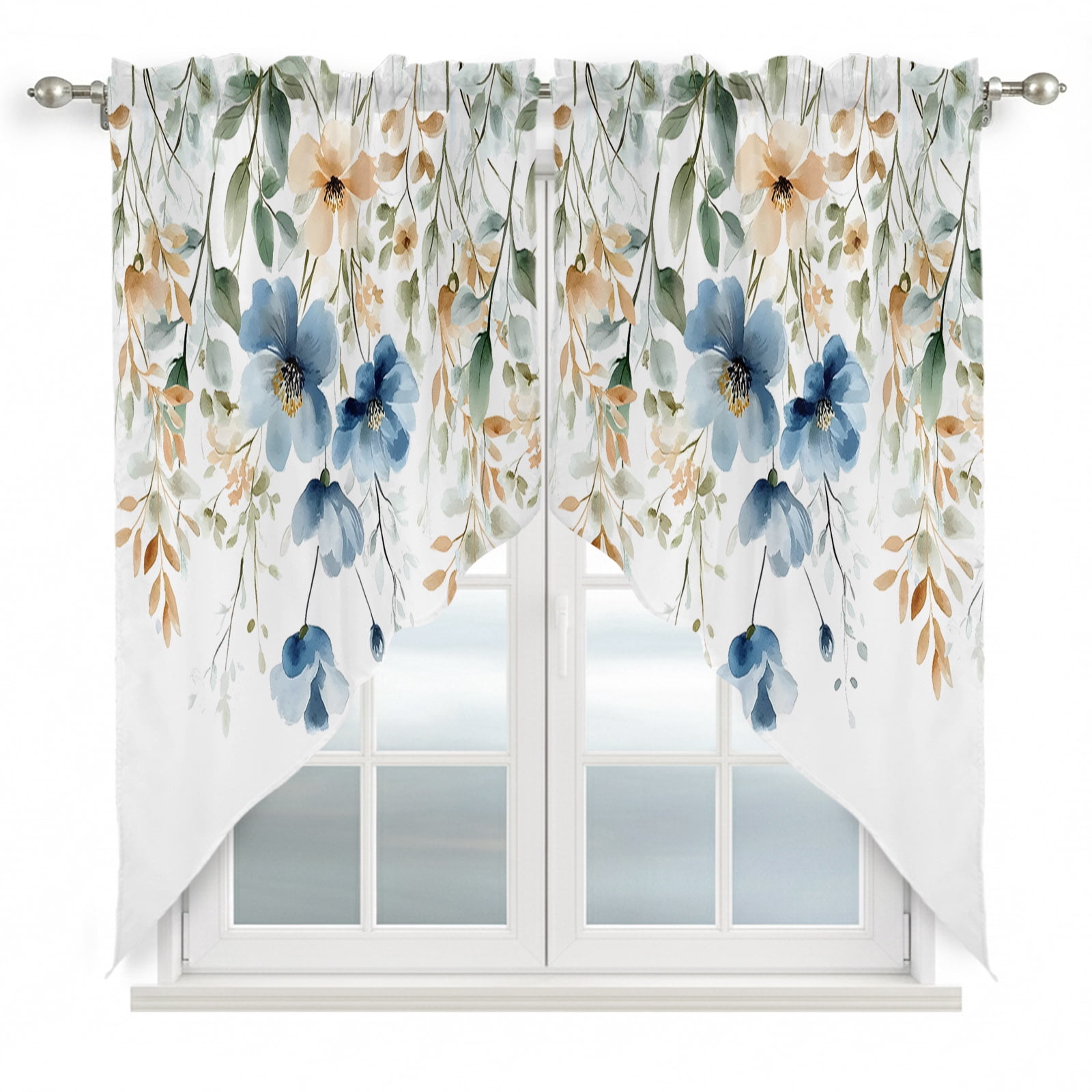 Blue Flowers Swag Curtain Valance for Window 2 Panels Leaf Watercolor ...