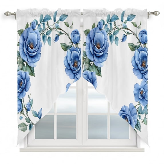 Blue Flowers Swag Curtain Valance for Window 2 Panels Spring Floral ...