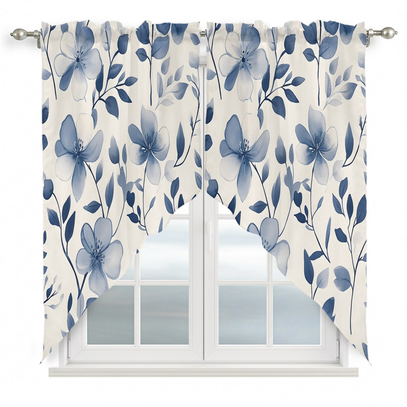 Blue Flowers Swag Curtain Valance for Window 2 Panels Watercolor Leaf ...