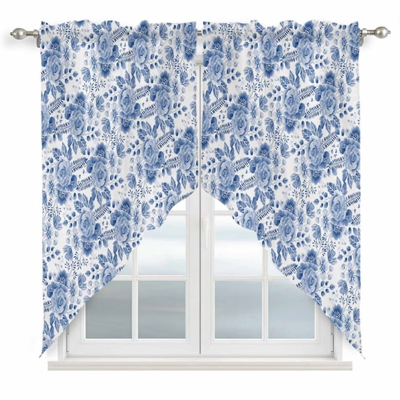 Blue Flowers Swag Curtain Valance for Window 2 Panels Watercolors Ombre ...