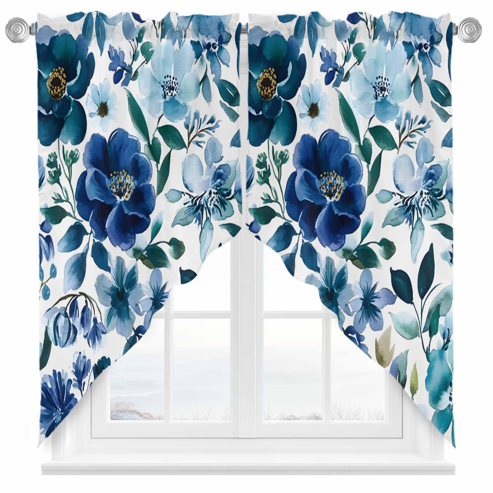 Blue Flowers Swag Curtain Valance for Windows, Abstract Art Window ...