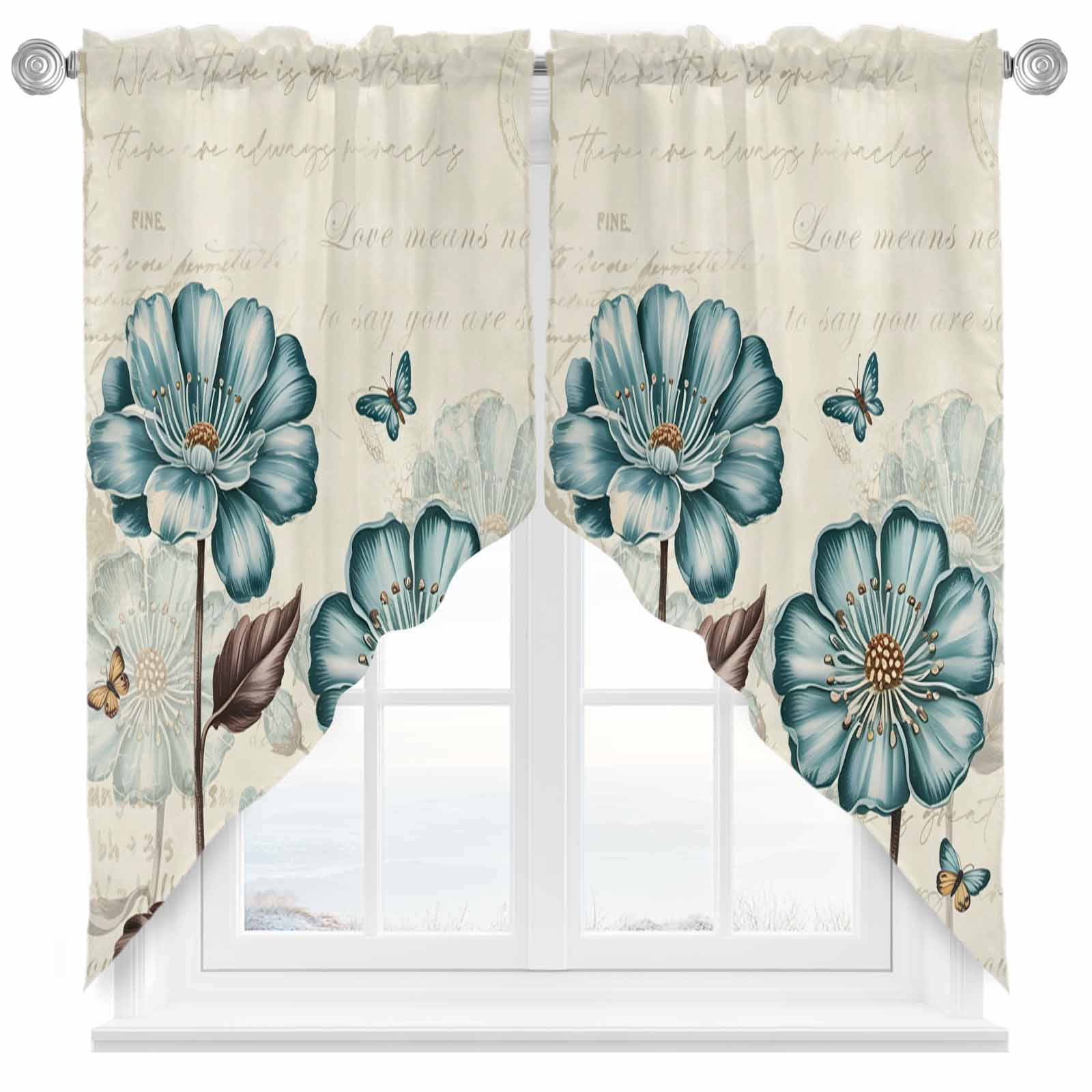 Blue Flowers Swag Kitchen Curtain Valances, Vintage Country Spring Teal ...