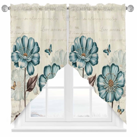 Blue Flowers Swag Kitchen Curtain Valances, Vintage Country Spring Teal ...