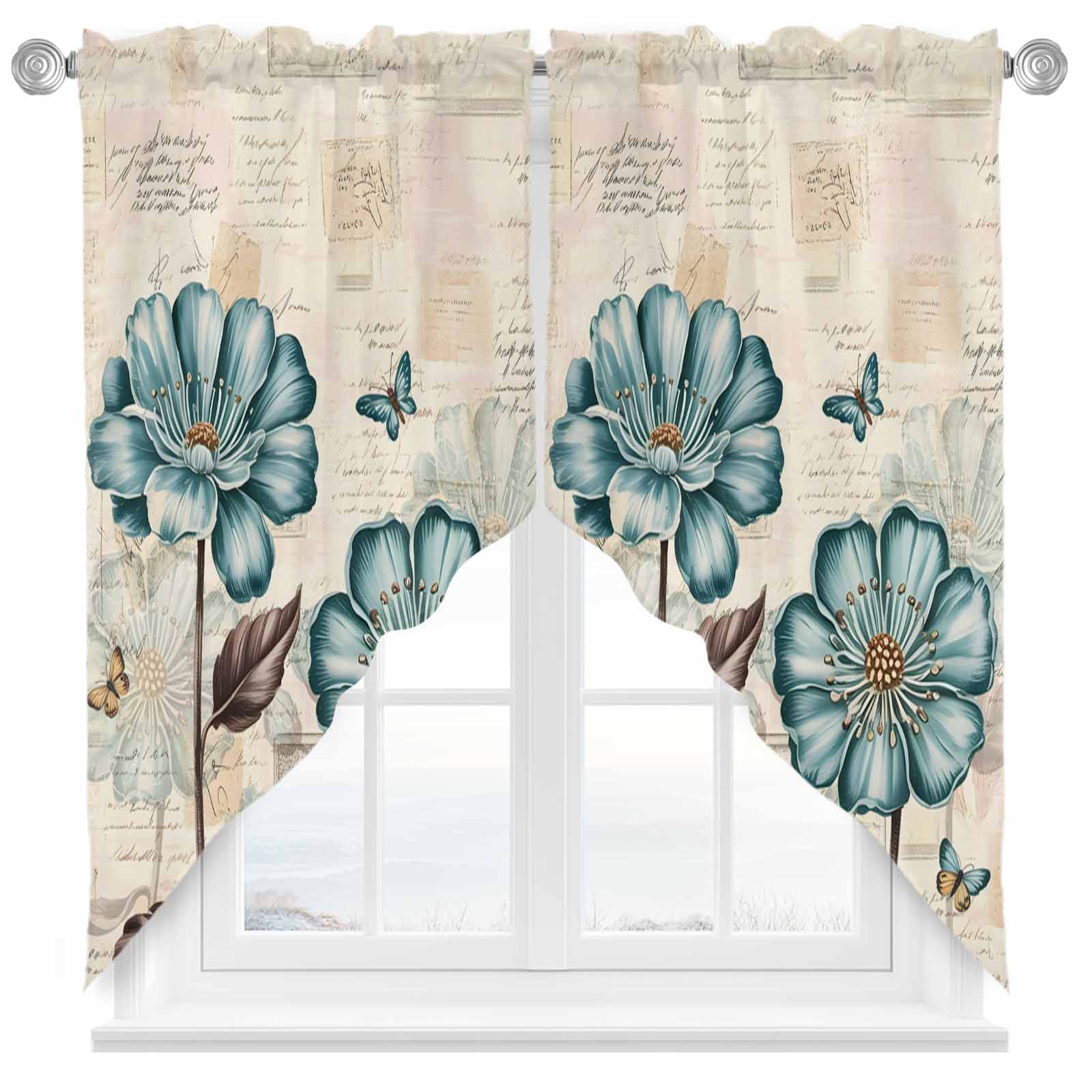 Blue Flowers Swag Kitchen Curtain Valances, Vintage Country Teal Tulip ...