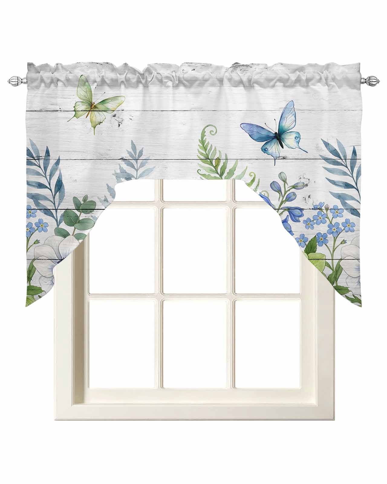 Blue Flowers Swag Valance for Window, White Floral Butterflies Green ...