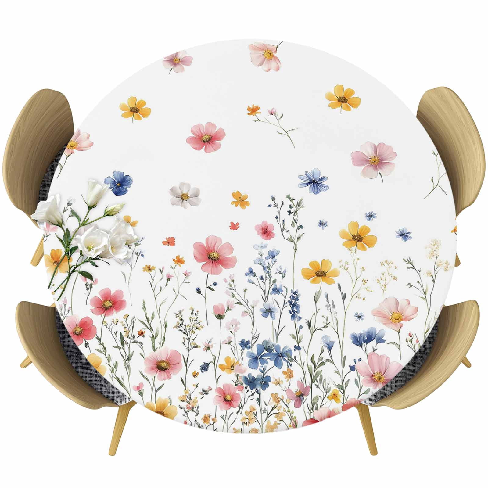 Blue Flowers Table Cloth, Round Fitted Tablecloths with Elastic Edge ...