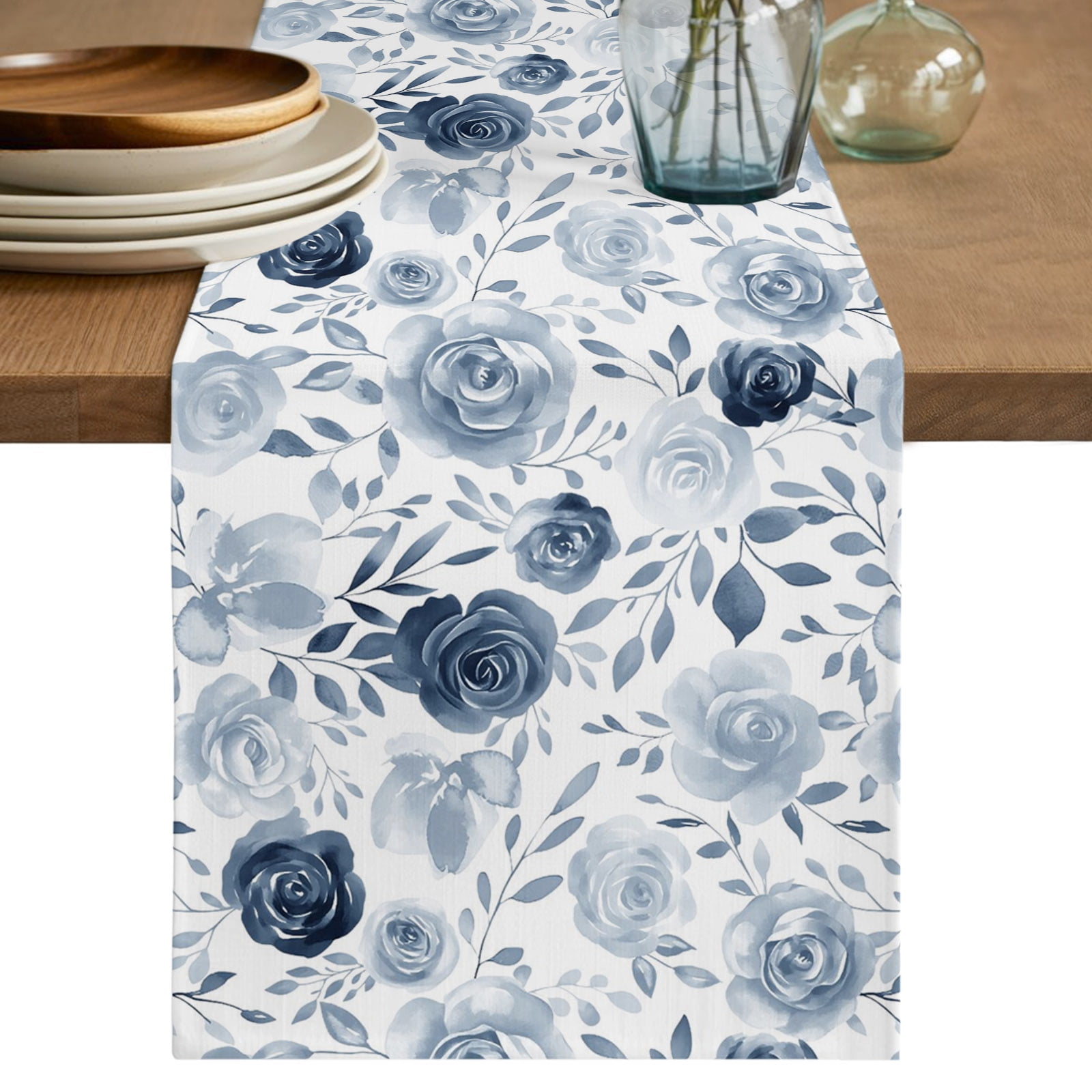 Blue Flowers Table Runner 108 Inches Long,Watercolor Rustic Retro ...