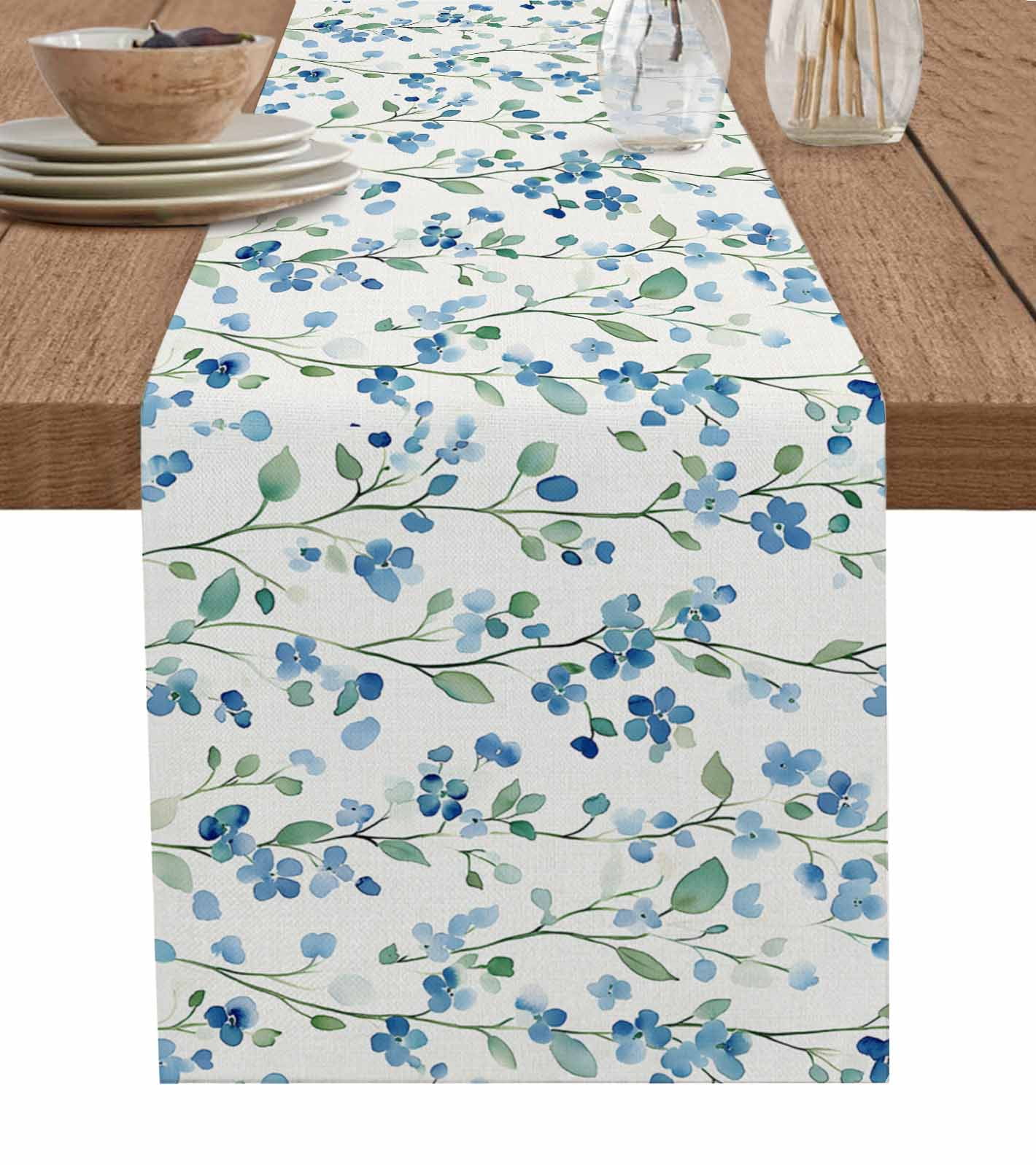 Blue Flowers Table Runner 120 Inches, Spring Blooms Botanicals Floral ...
