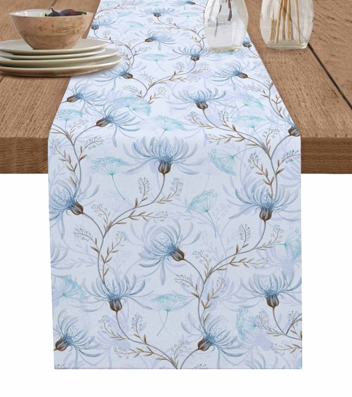 Blue Flowers Table Runner 120 Inches, Watercolor Botanical Floral Vines ...